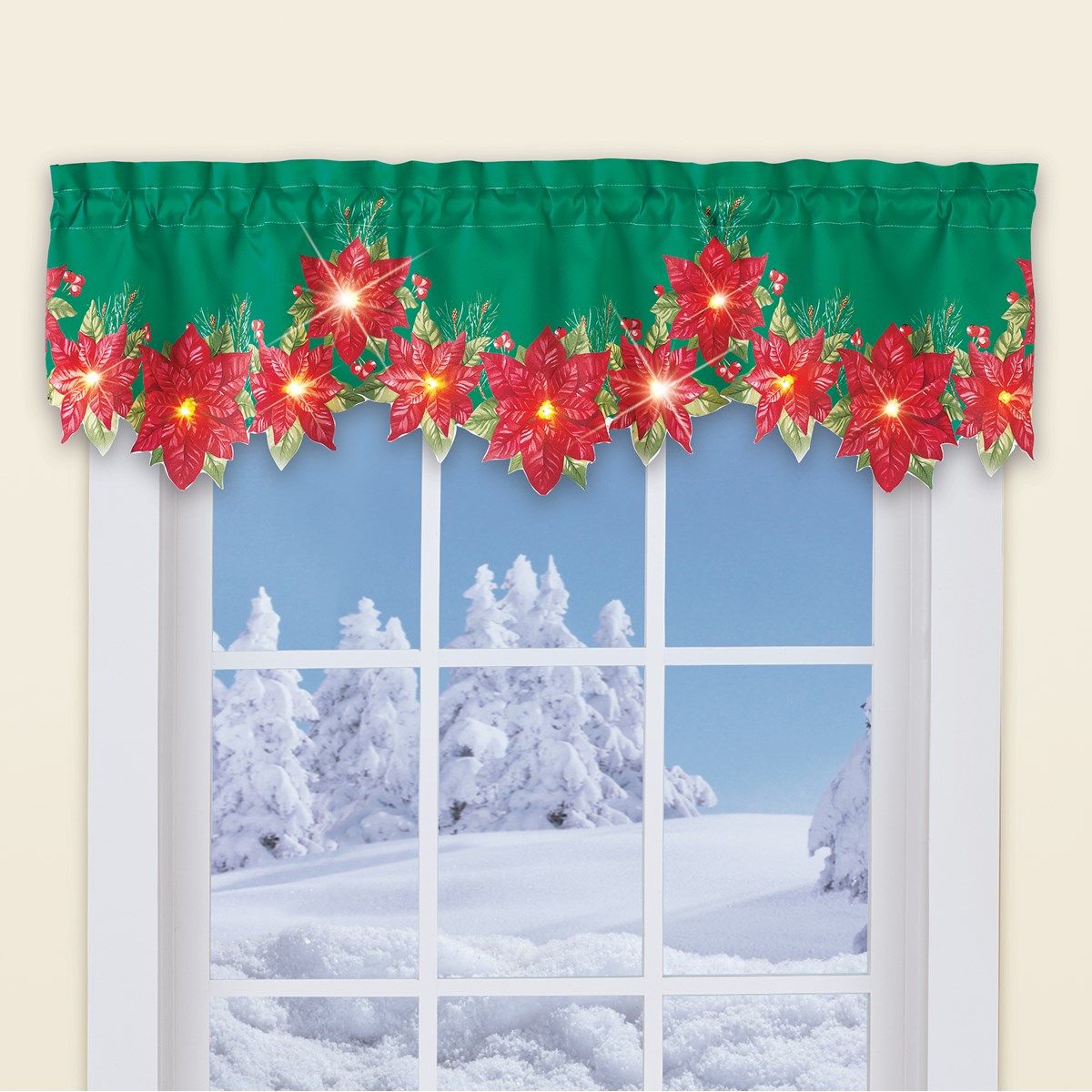 Embroidered Poinsettia LED Lighted Curtain Valance | Collections Etc.