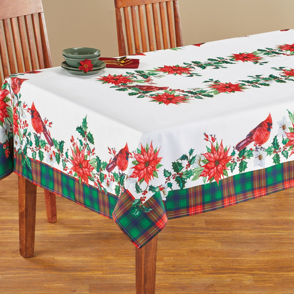 Cardinal & Poinsettia Tartan Plaid Holiday Tablecloth | Collections Etc.