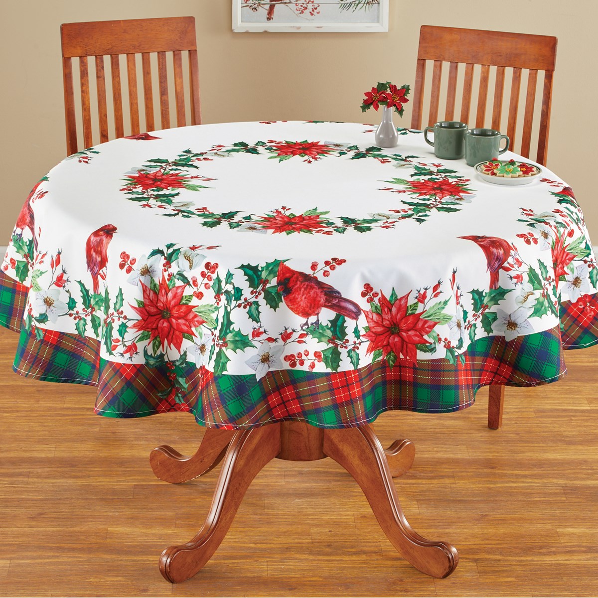 Cardinal & Poinsettia Tartan Plaid Holiday Tablecloth | Collections Etc.
