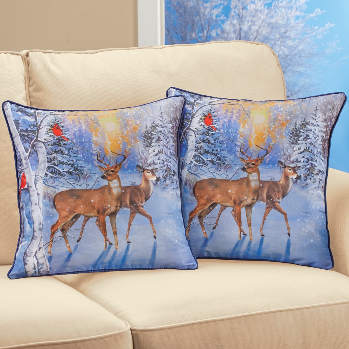 Set of 2 Winter Deer in Snowy Forest Pillow Covers with Zippered ...