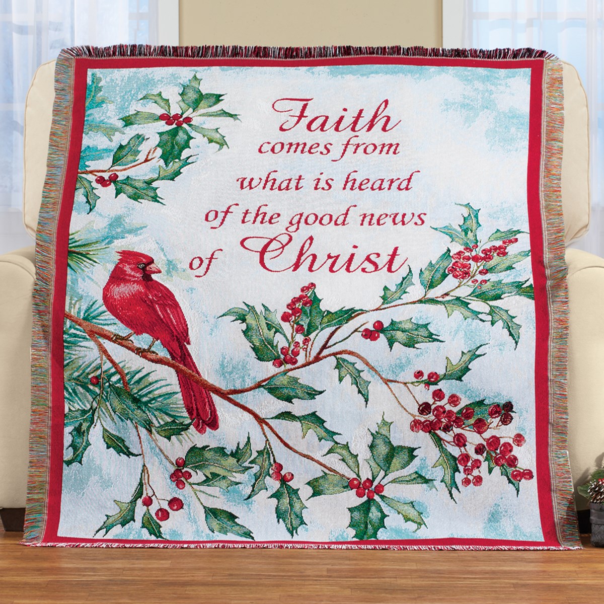 Colorful Cardinal Faith Tapestry Throw Blanket | Collections Etc.