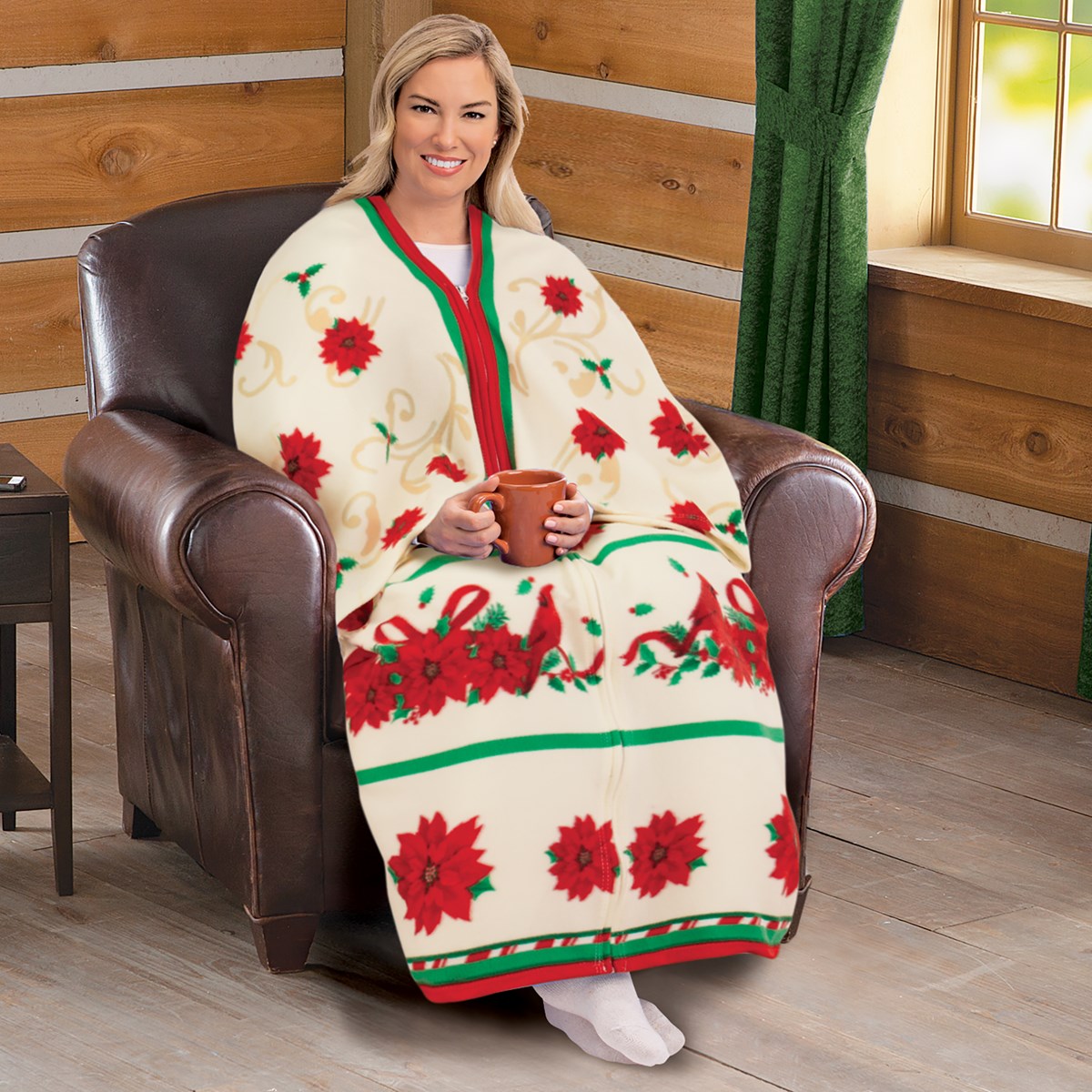 Comfy Poinsettia Cozy Fleece Zippered Cuddle Wrap | Collections Etc.