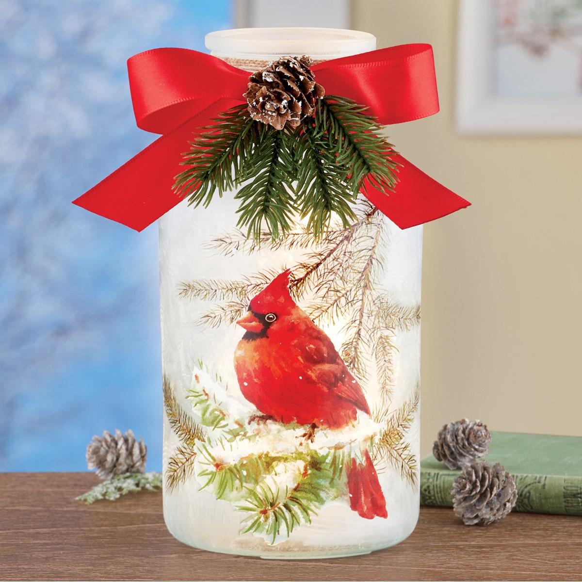 LED Lighted Festive Cardinal Mason Jar Lamp | Collections Etc.