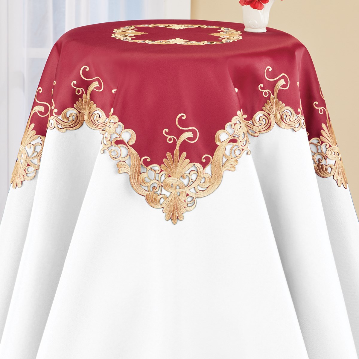 Elegant Embroidered Metallic Scroll Table Linens | Collections Etc.