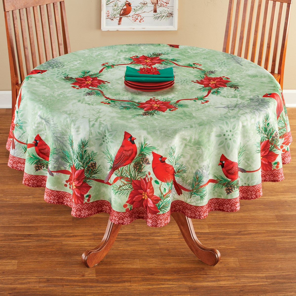 Festive Cardinal Poinsettia Printed Tablecloth | Collections Etc.