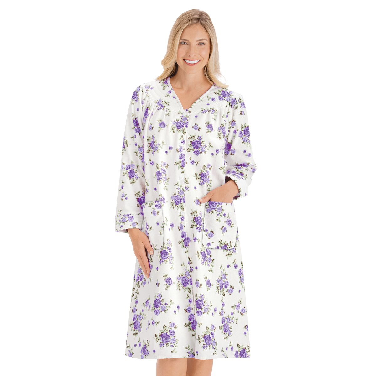 Floral Print Snap Front Long-Sleeve Flannel Robe with Pockets ...