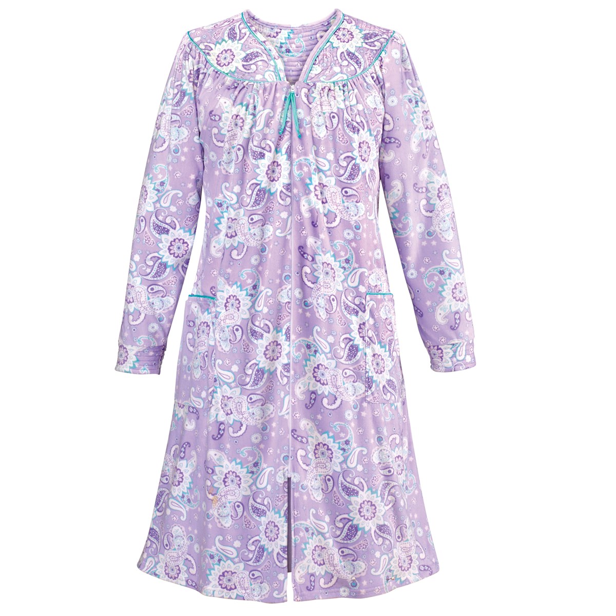 Soft Paisley Zip Front Long-Sleeve Robe with Front Pockets ...