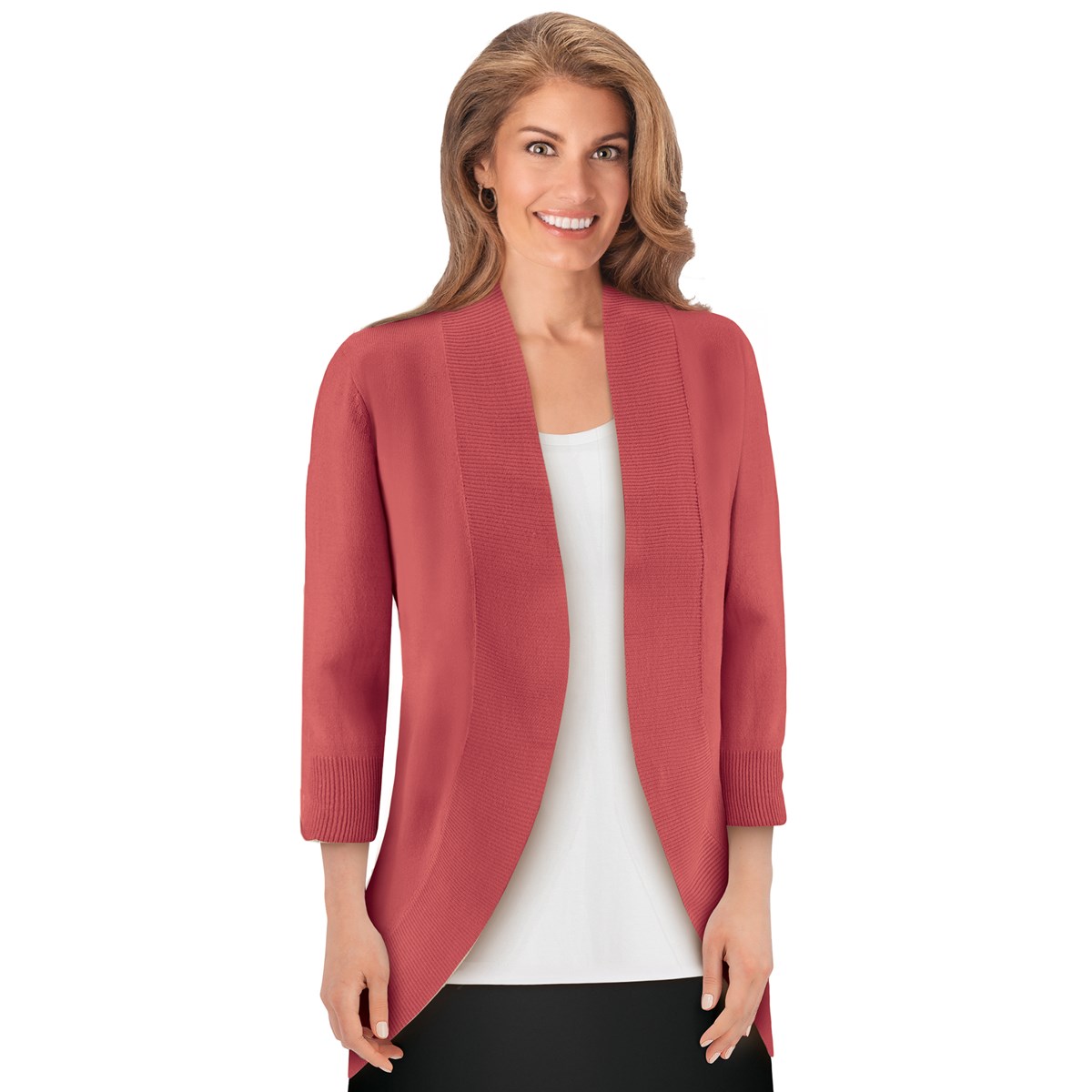 Open-Front Curved Hem 3/4 Sleeve Cardigan | Collections Etc.