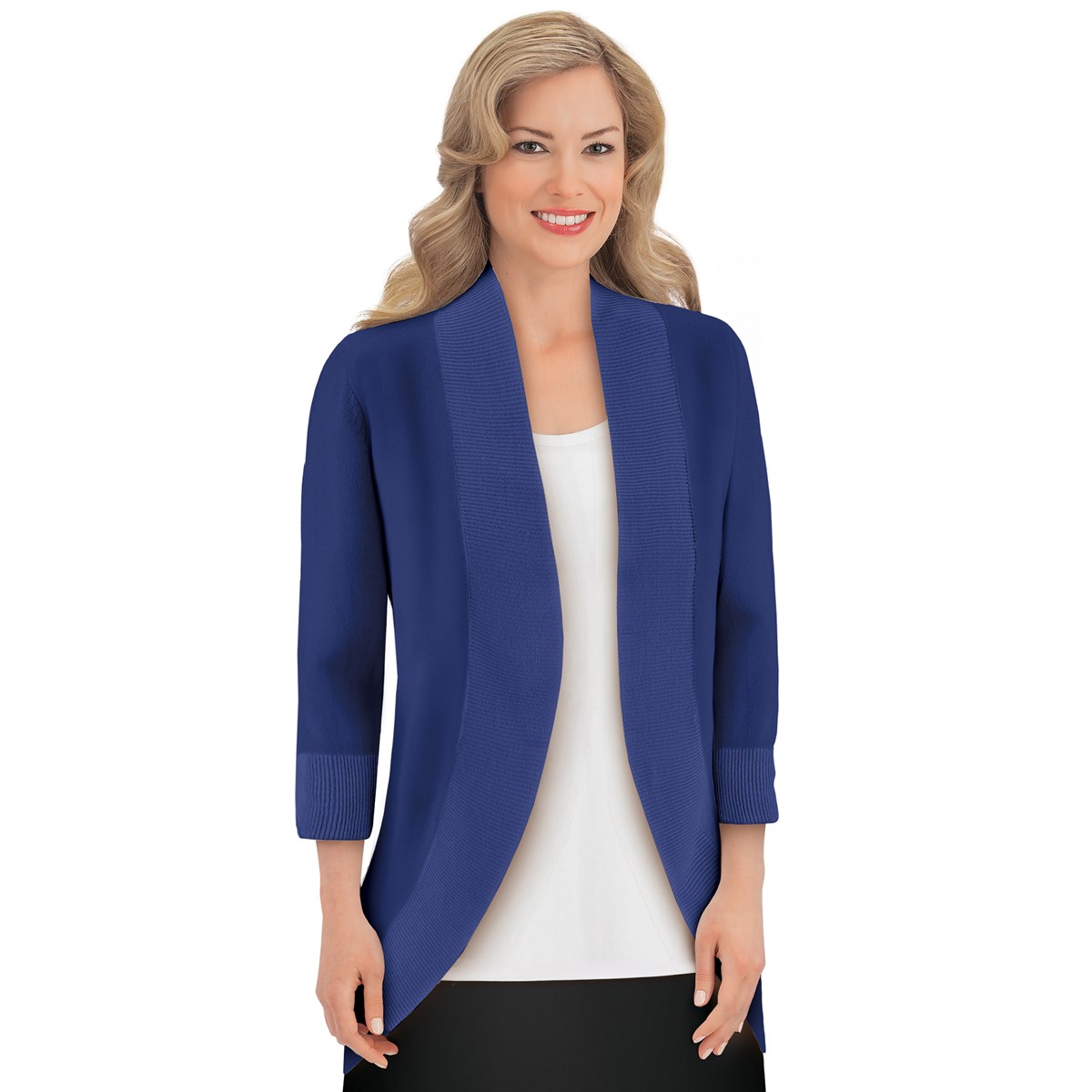 Open-Front Curved Hem 3/4 Sleeve Cardigan | Collections Etc.