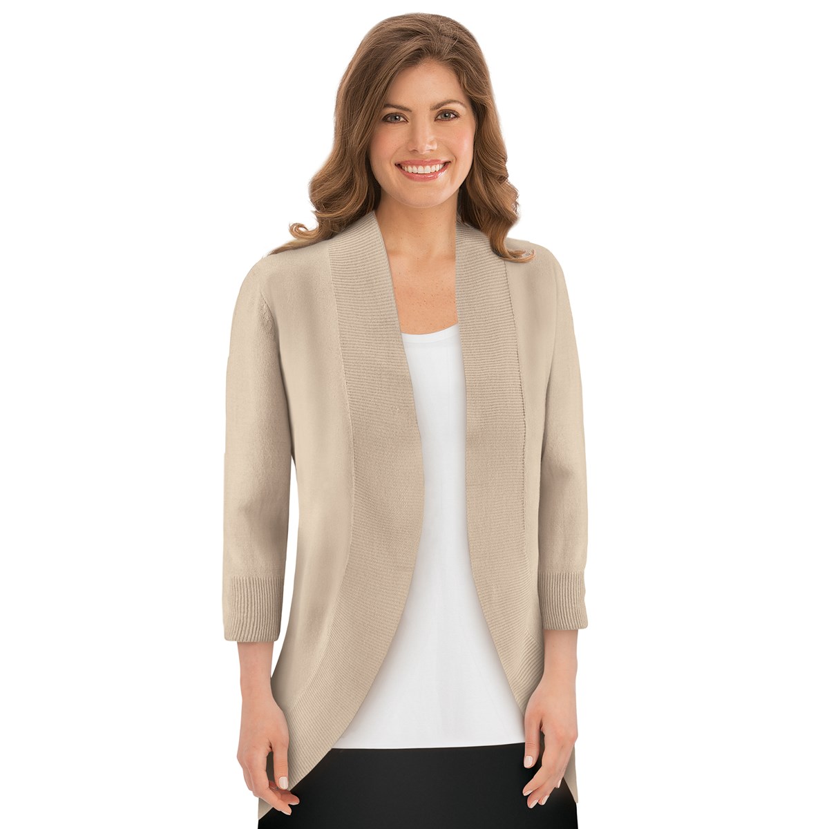 Open-Front Curved Hem 3/4 Sleeve Cardigan | Collections Etc.