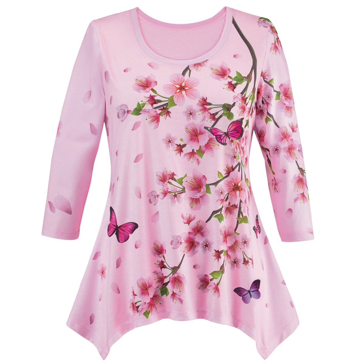 Butterfly and Cherry Blossom Sharkbite 3/4 Sleeve Tunic | Collections Etc.