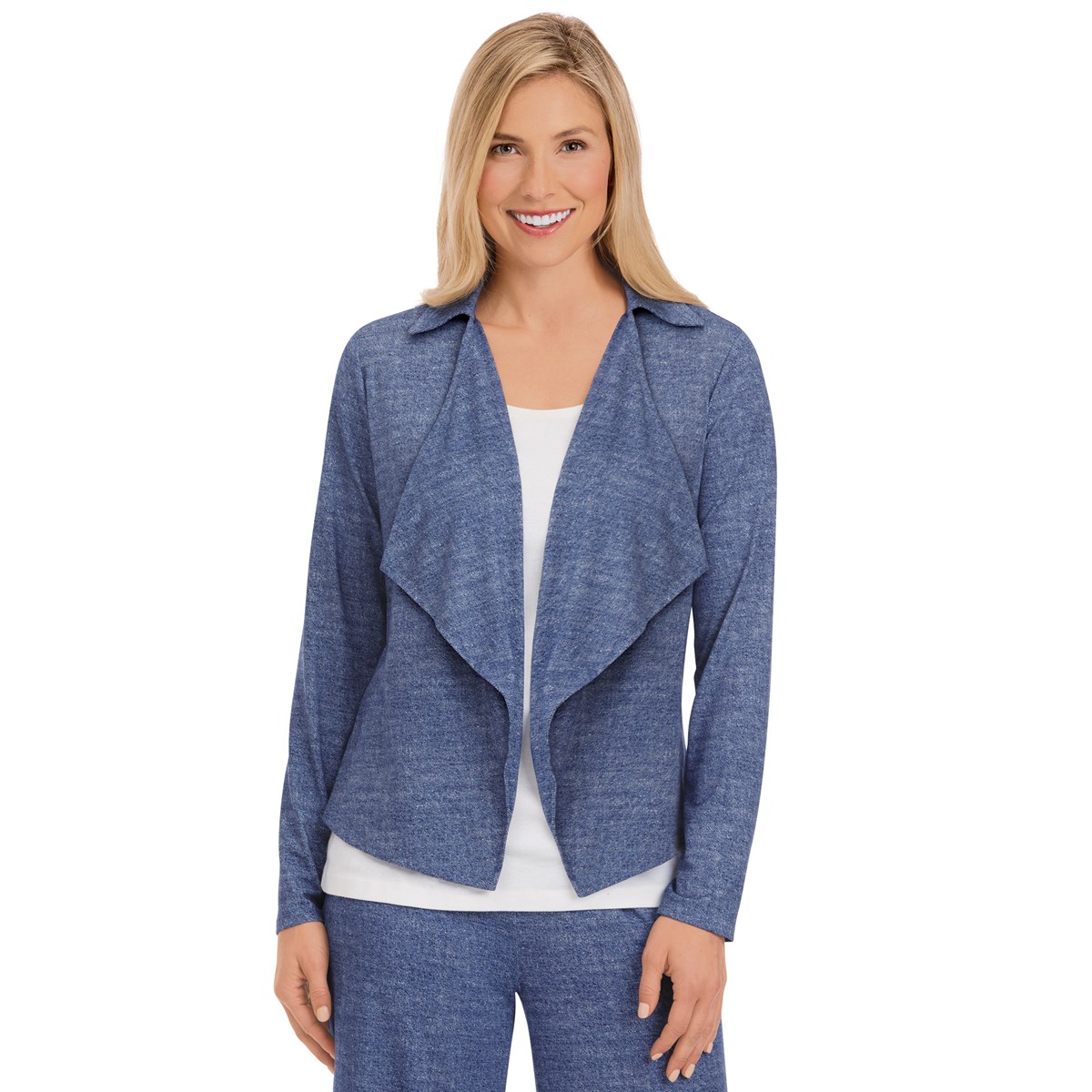 Knit Faux Denim Open Front Cascade Jacket | Collections Etc.