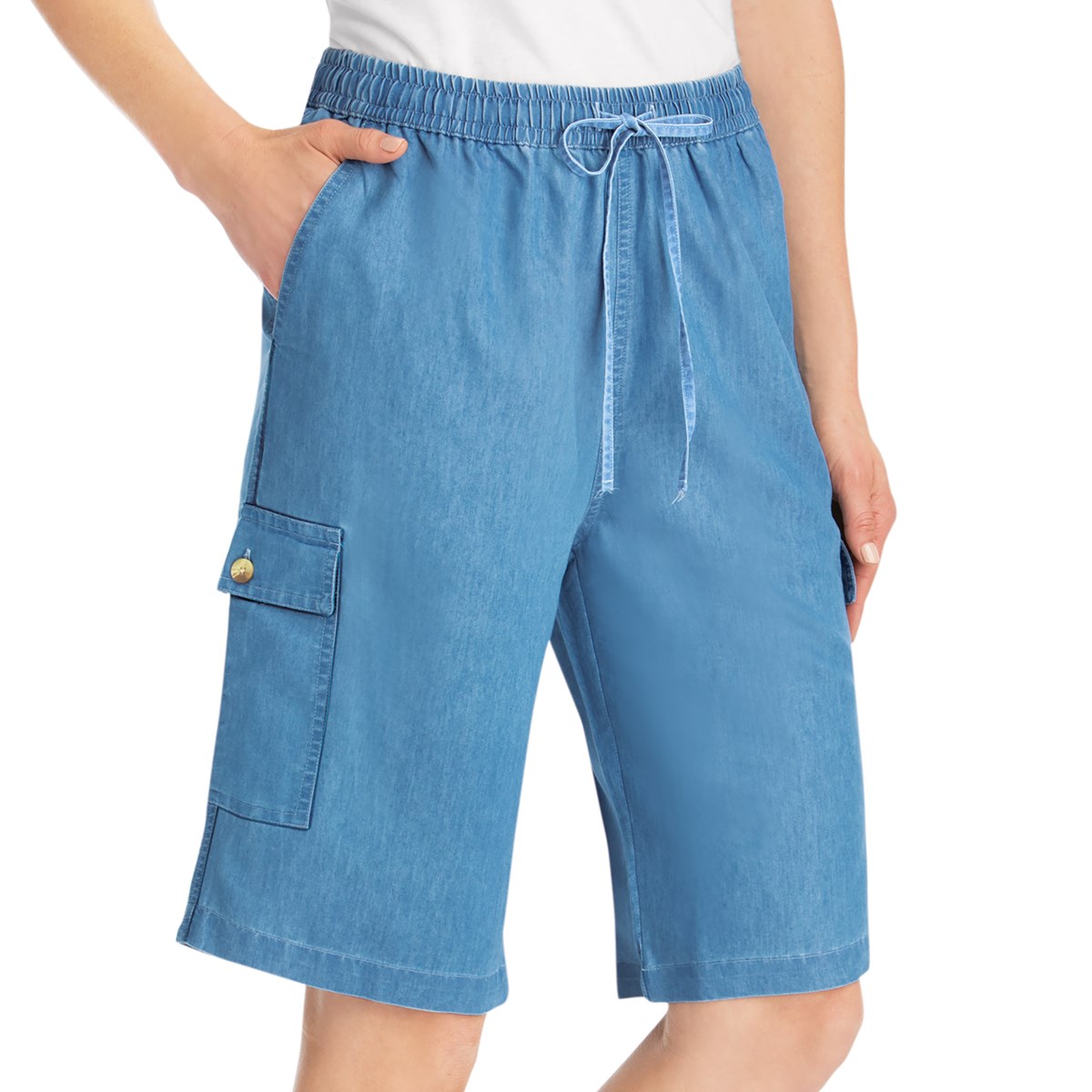 Versatile Double Cargo Pocket Denim Bermuda Drawstring Shorts ...