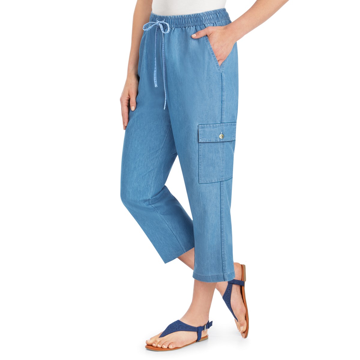 Versatile Double Cargo Pocket Denim Drawstring Capris | Collections Etc.