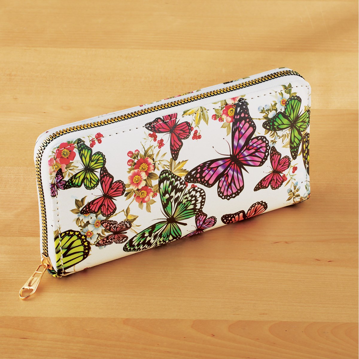 Colorful Butterfly & Floral Design Zippered Wallet | Collections Etc.