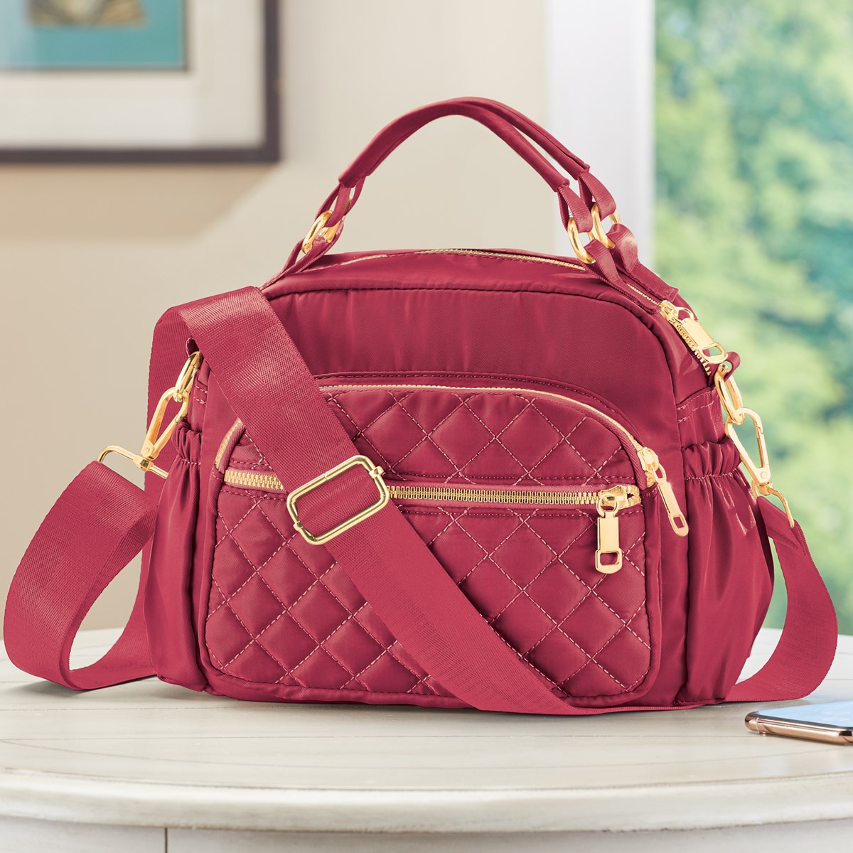 Zipper Pocketed Quilted Nylon Handbag with Adjustable Strap ...