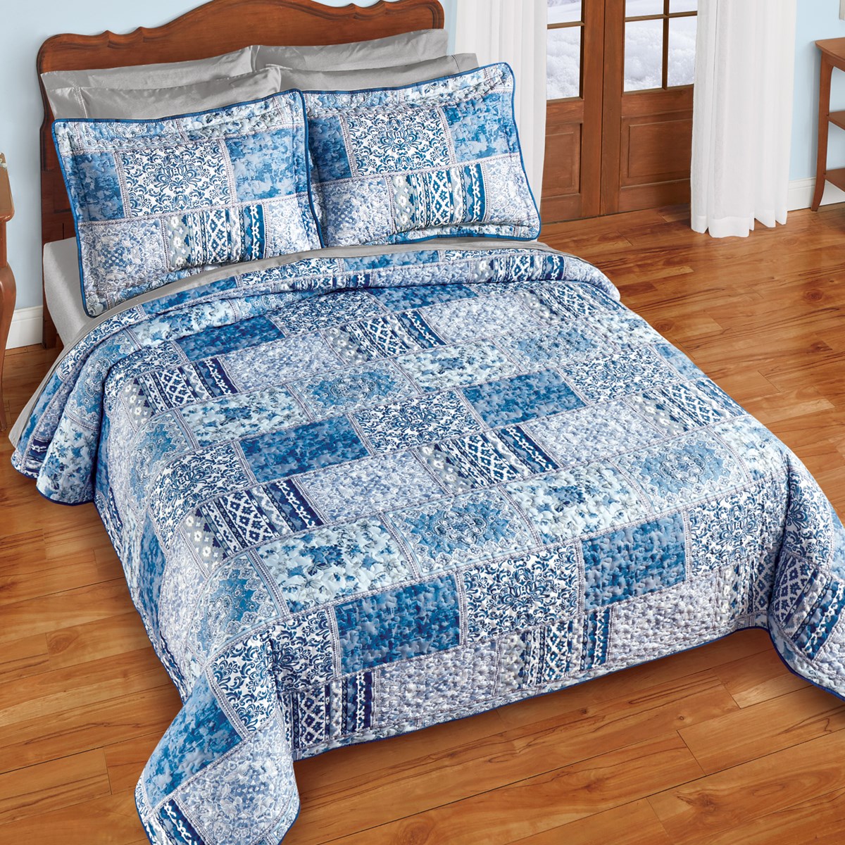 Multi-Design Blue Patchwork Reversible Quilt | Collections Etc.