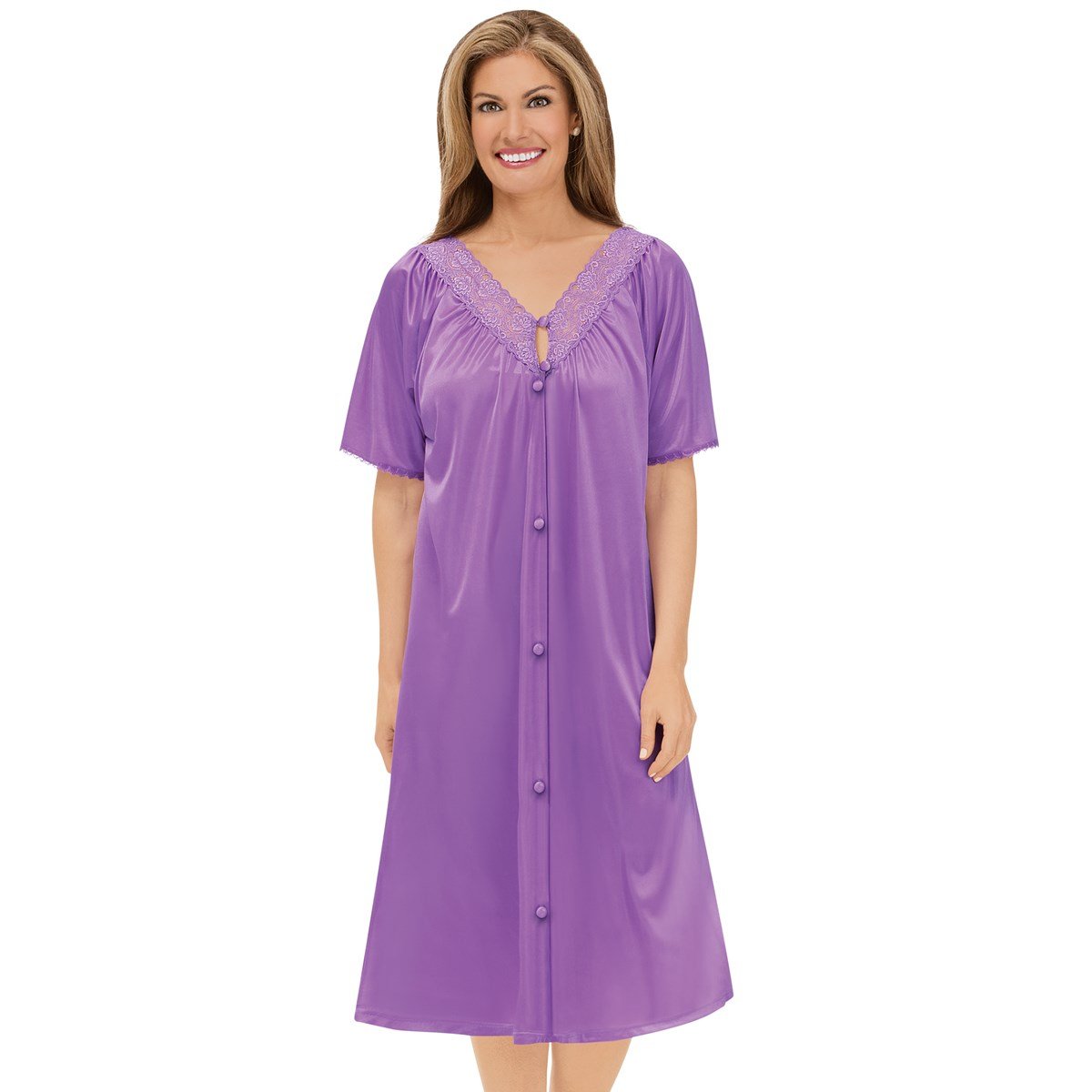 Button-Front Tricot V-Neck Short Sleeve Nightgown | Collections Etc.