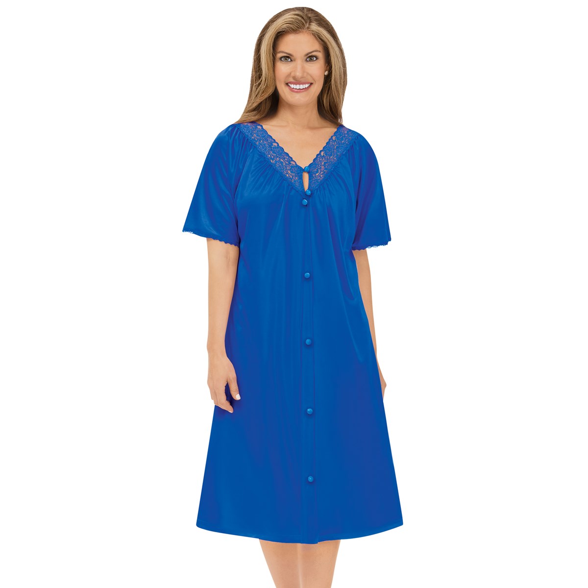 Button-Front Tricot V-Neck Short Sleeve Nightgown | Collections Etc.