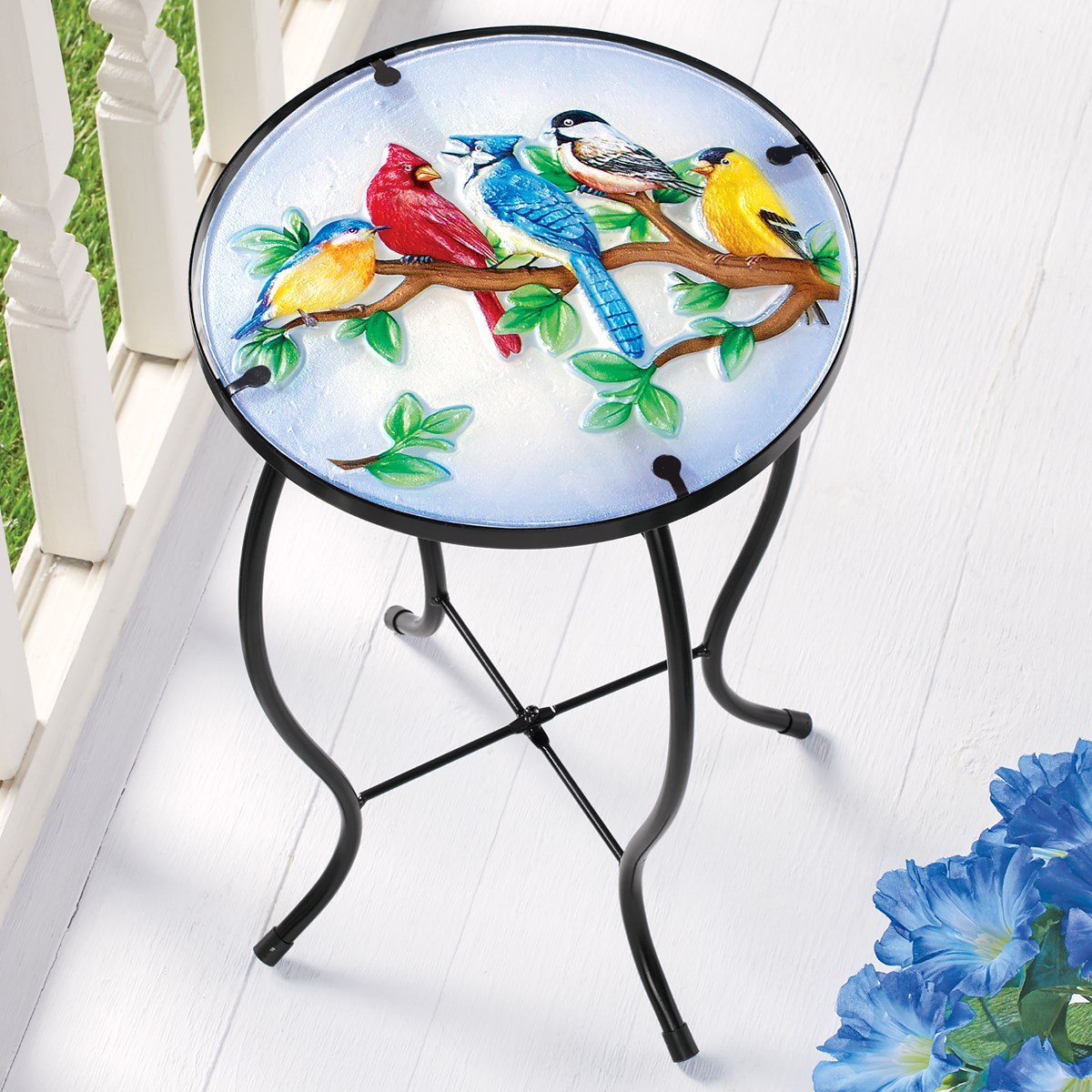 Colorful Songbirds Glass Indoor/Outdoor Accent Table | Collections Etc.