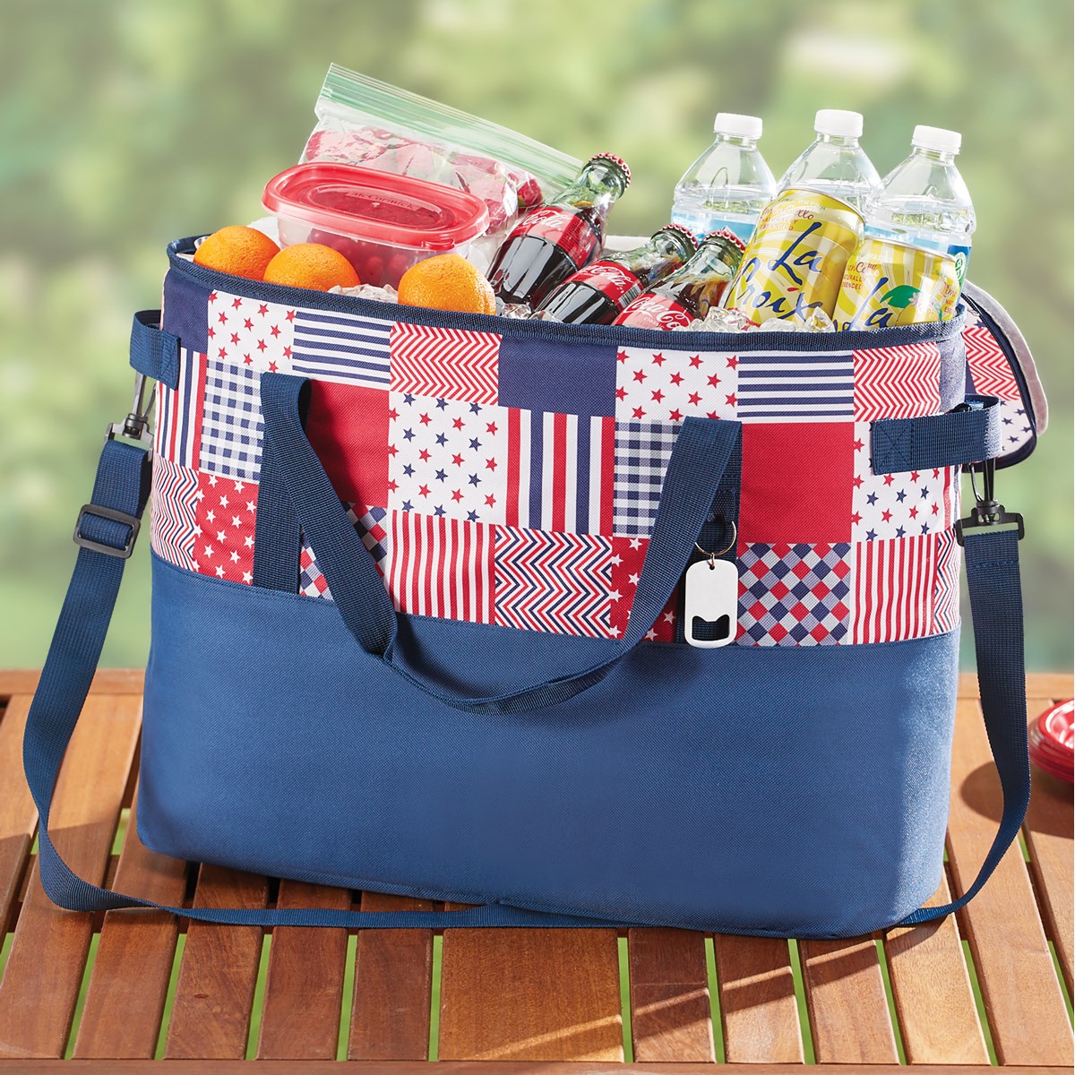 Patchwork Design Insulated Cooler Bag with Bottle Opener | Collections Etc.