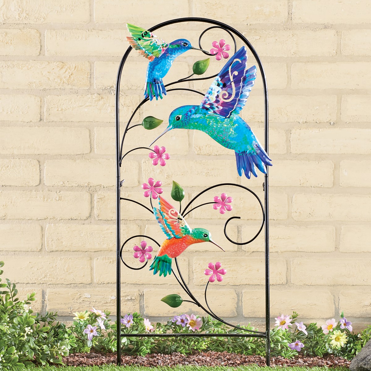 Scroll Metal Trellis Garden Stake with Colorful Hummingbirds ...