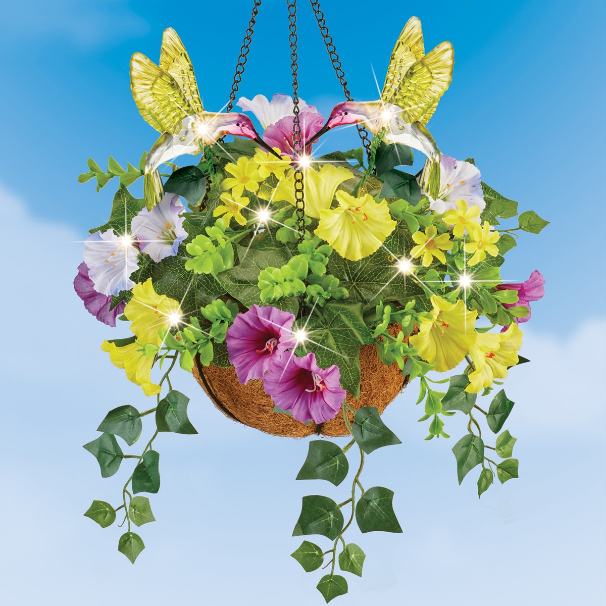 Solar Lighted Artificial Floral Hanging Basket with Hummingbirds ...