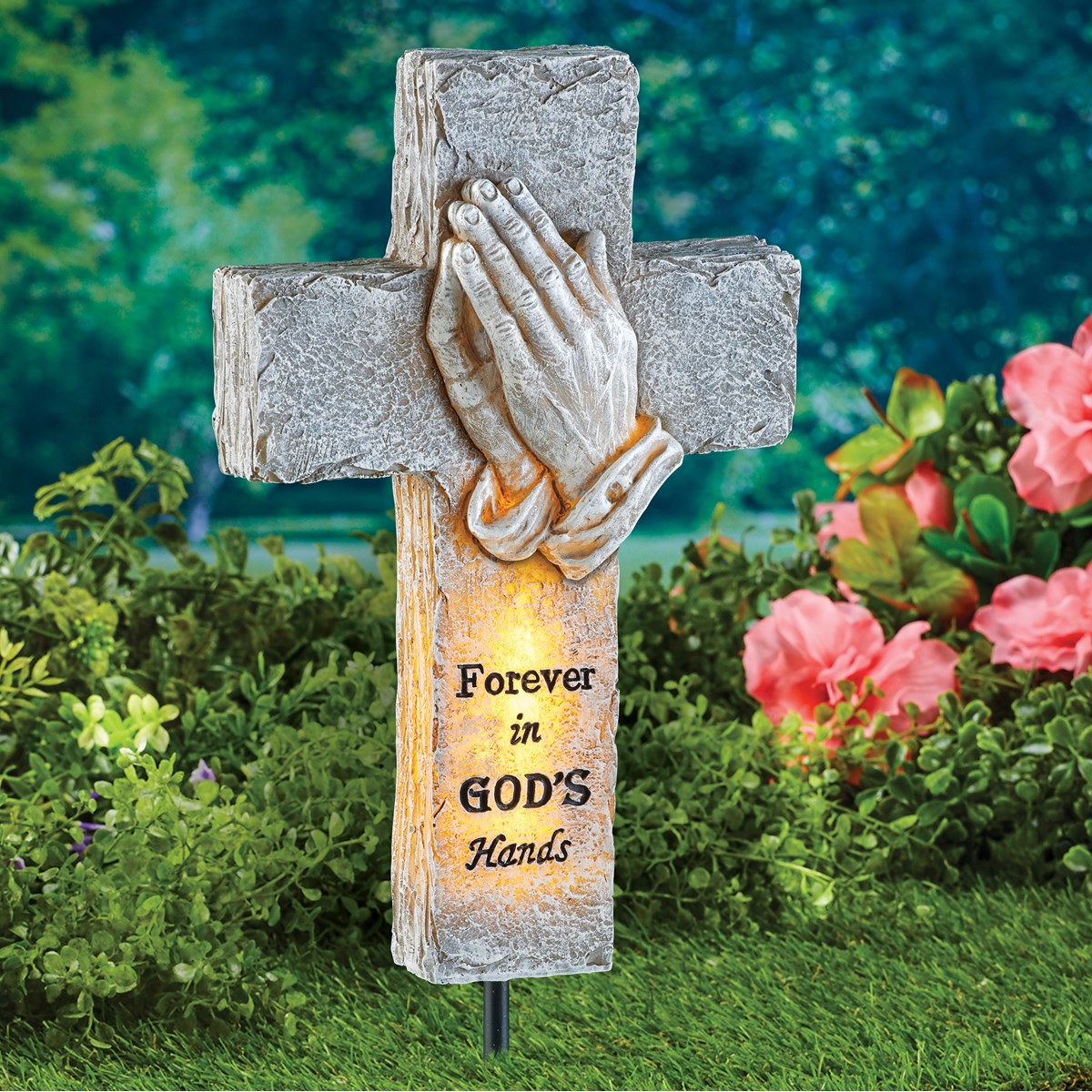 Solar Powered LED Lighted Cross with Praying Hands Stake | Collections Etc.