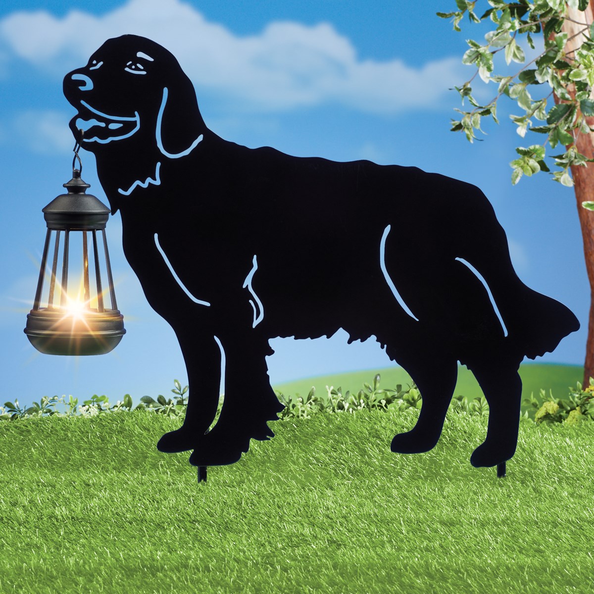 Dog with Solar Lighted Lantern Outdoor Silhouette Stake | Collections Etc.