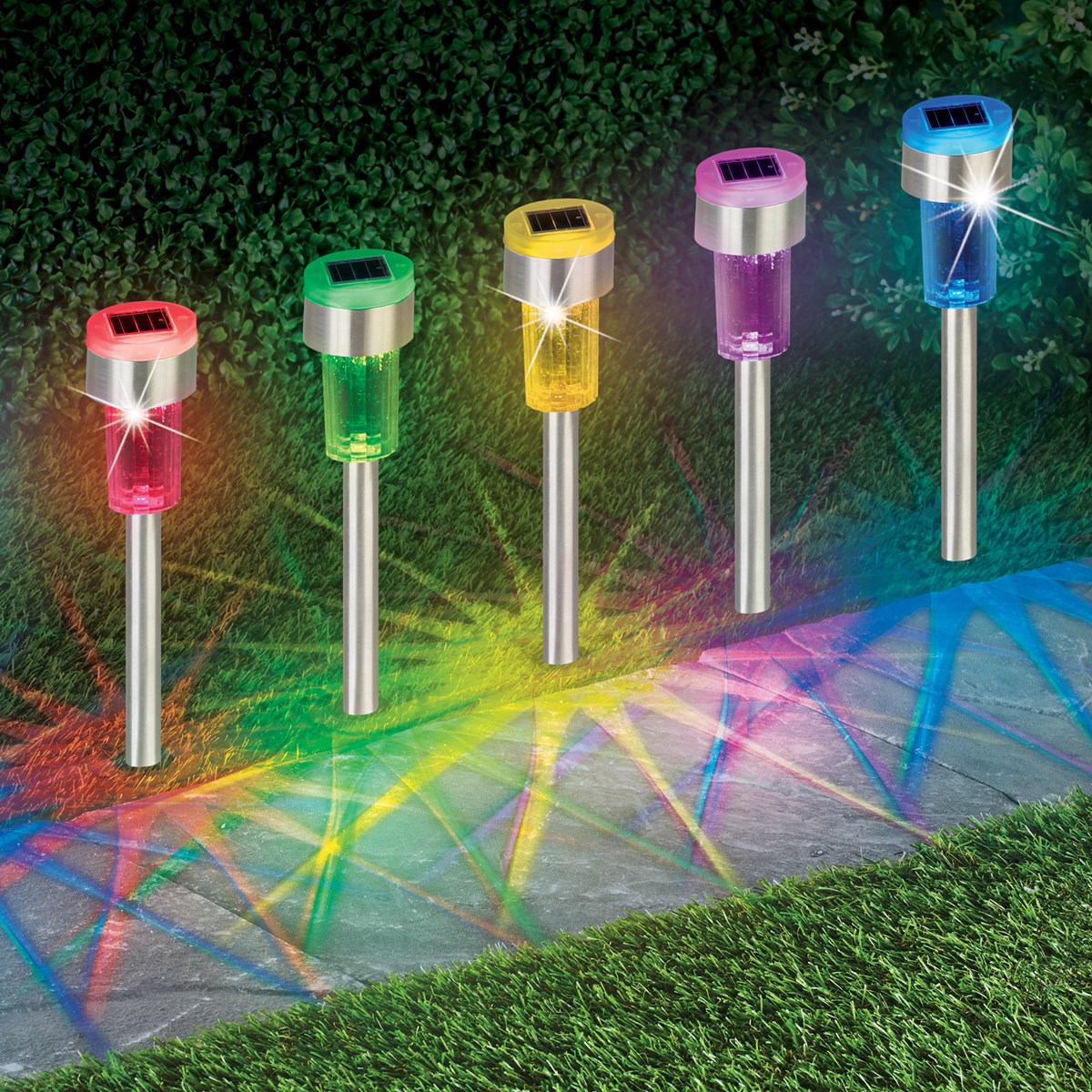 Set of 6 Solar Powered Color Changing Stainless Steel Pathlights ...