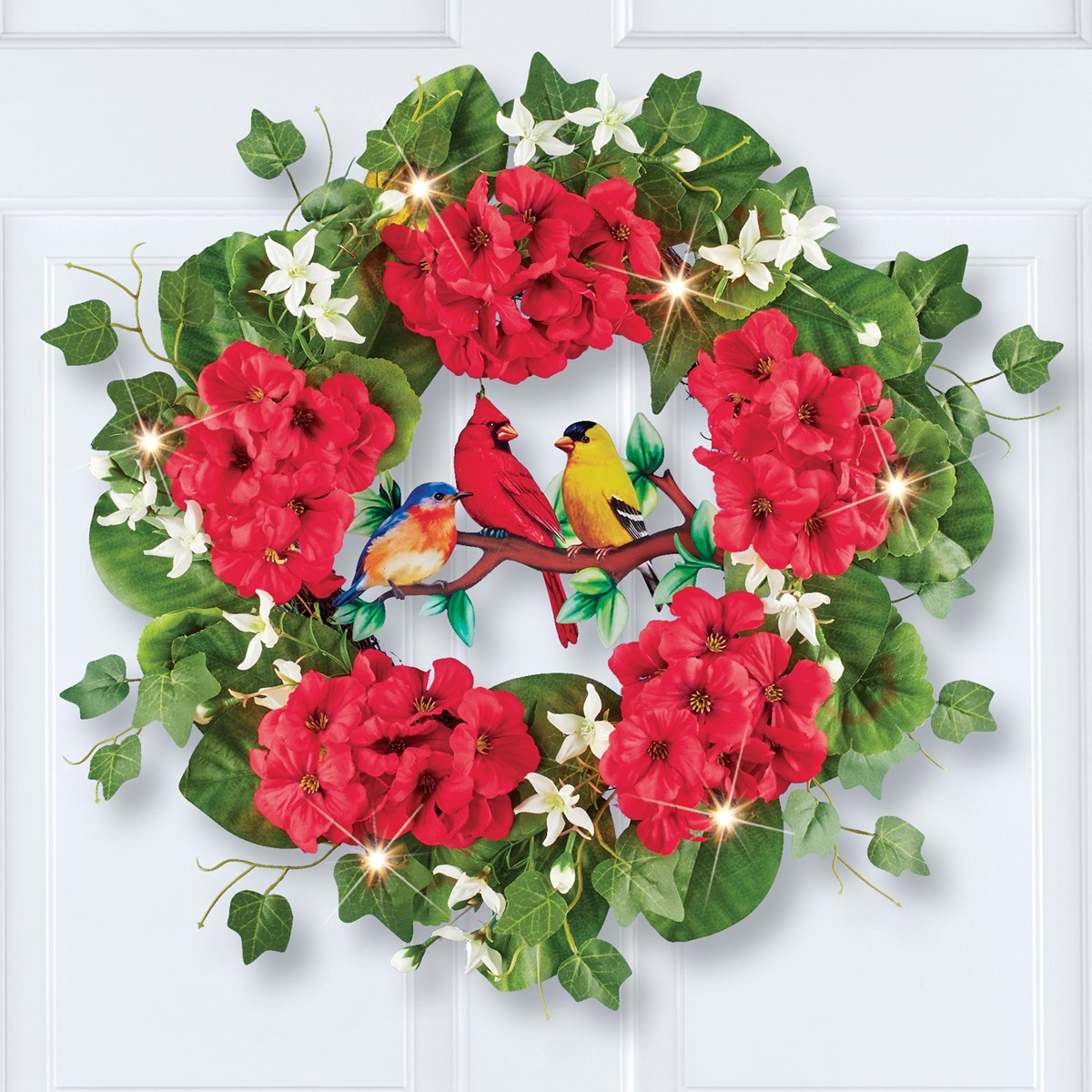 LED Lighted Bird Branch and Red Geraniums Wreath | Collections Etc.