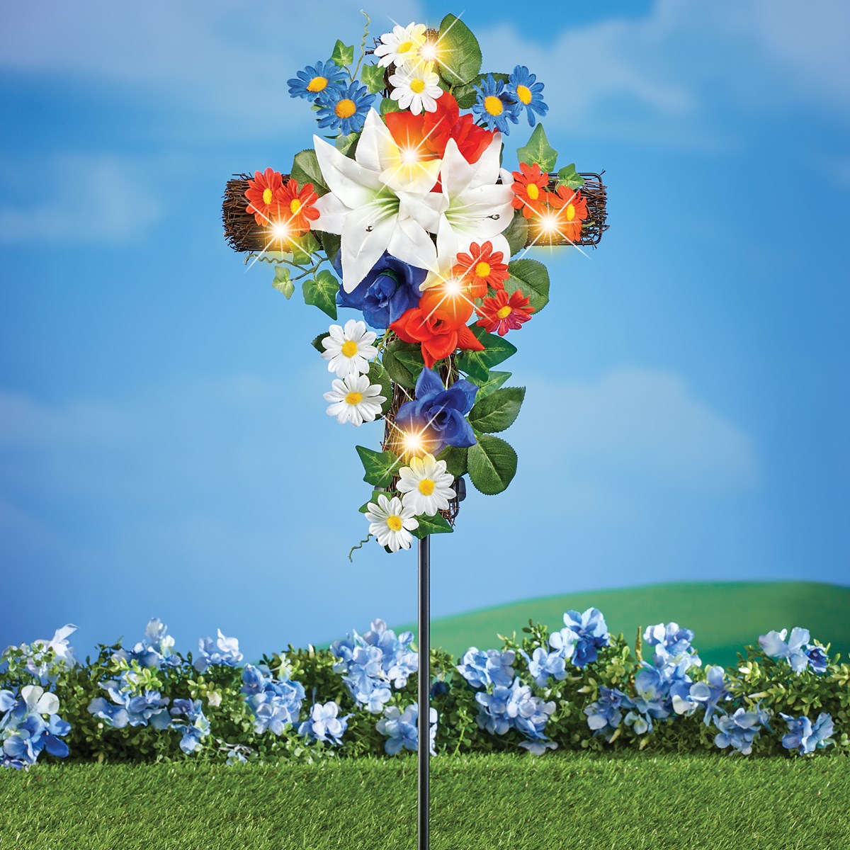 Patriotic Solar Powered Floral Cross Garden Stake | Collections Etc.
