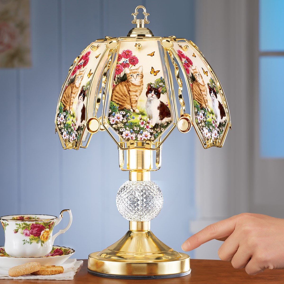 Colorful Cat Garden Gold-Toned Touch Lamp | Collections Etc.