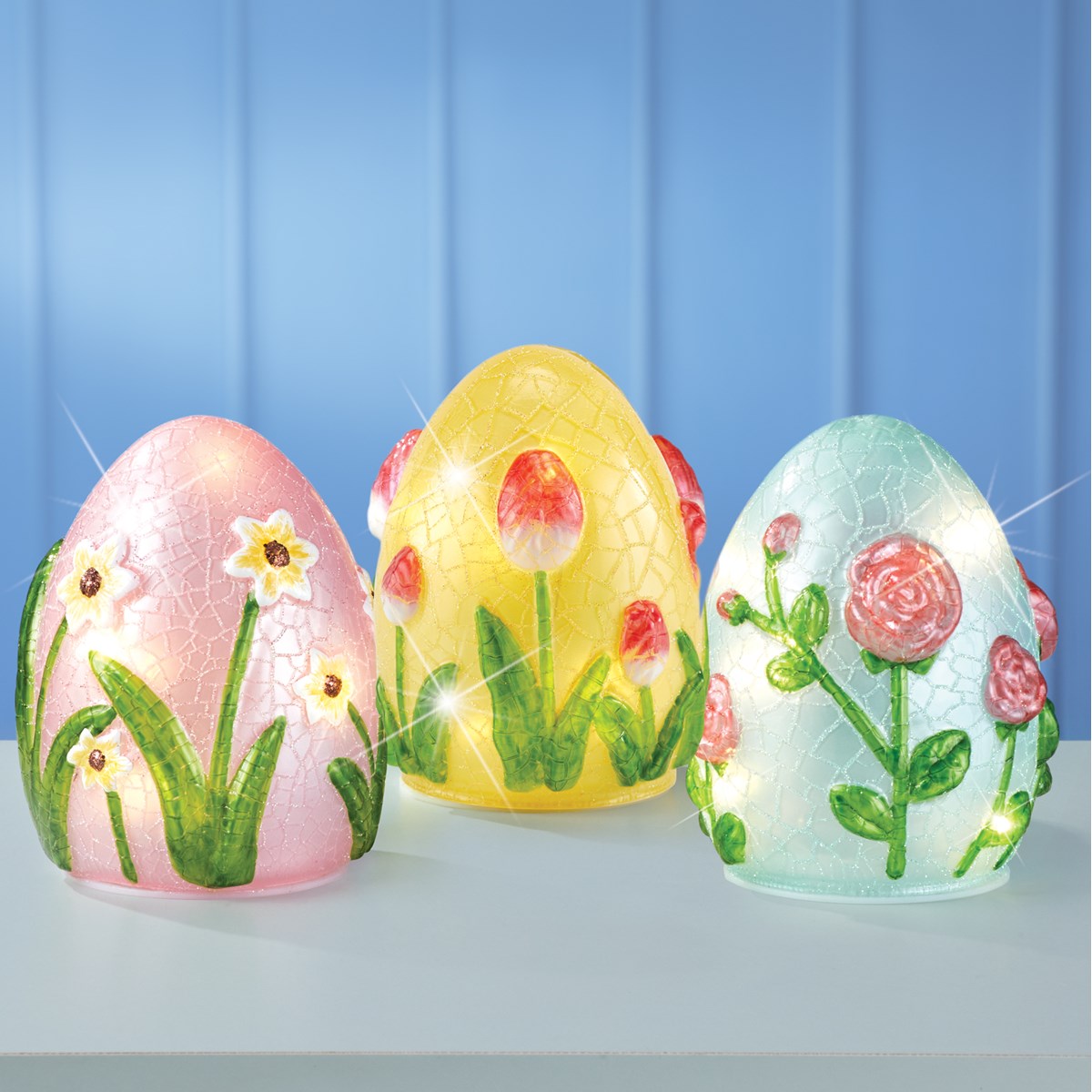 Lighted 3d Floral Crackled Glass Egg Tabletop Decoration Collections Etc