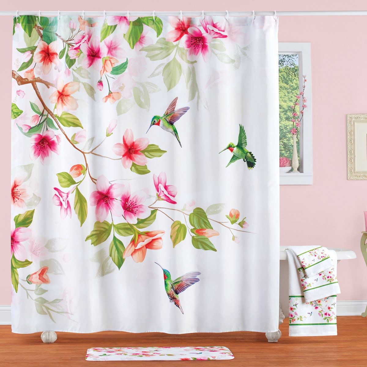 Vibrant Hummingbird Floral Shower Curtain | Collections Etc.