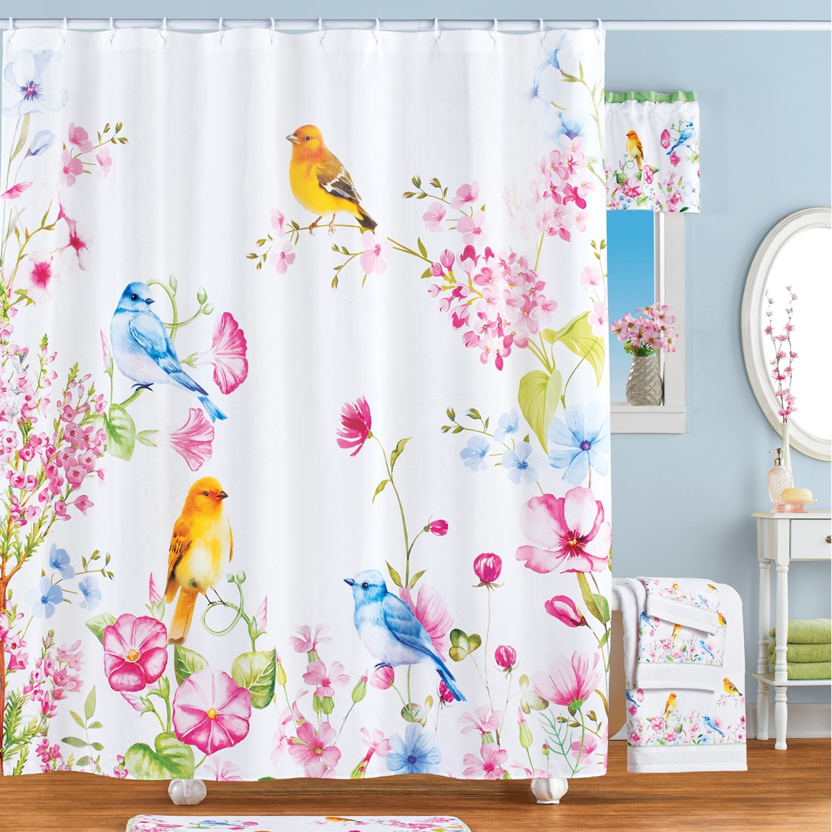 Colorful Birds on Flowering Branch Shower Curtain | Collections Etc.