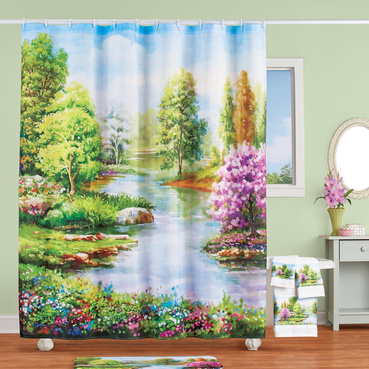 Spring Scene Shower Curtain with 12 Hooks | Collections Etc.