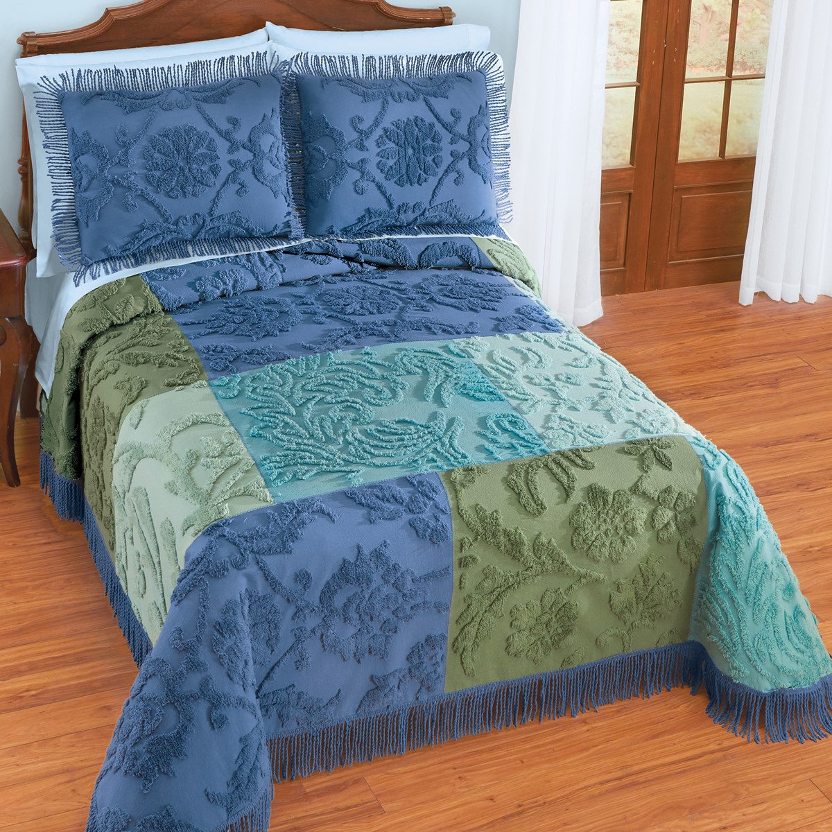 Blue Green Textured Chenille Patchwork Fringe Bedspread | Collections Etc.
