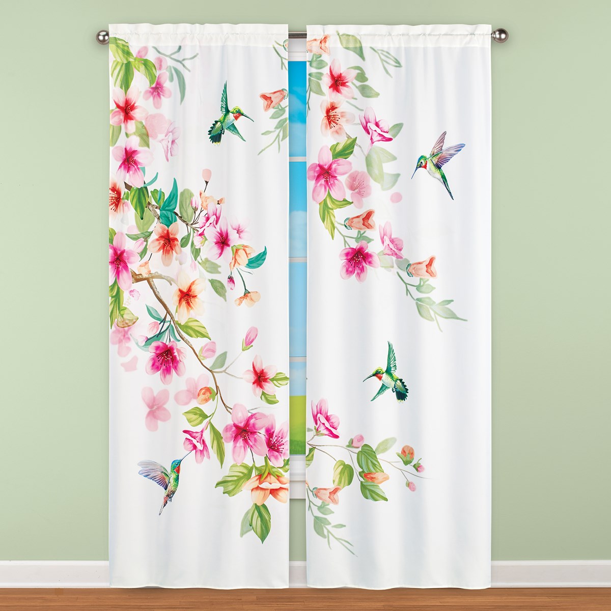 Vibrant Hummingbird Floral Scene Printed Curtain Set | Collections Etc.