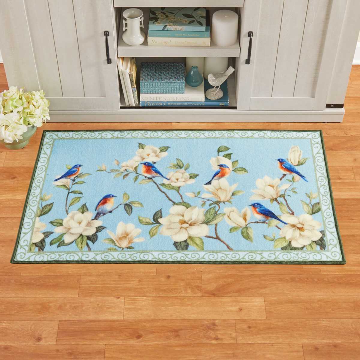 Magnolia and Blue Birds Skid-Resistant Accent Rug | Collections Etc.
