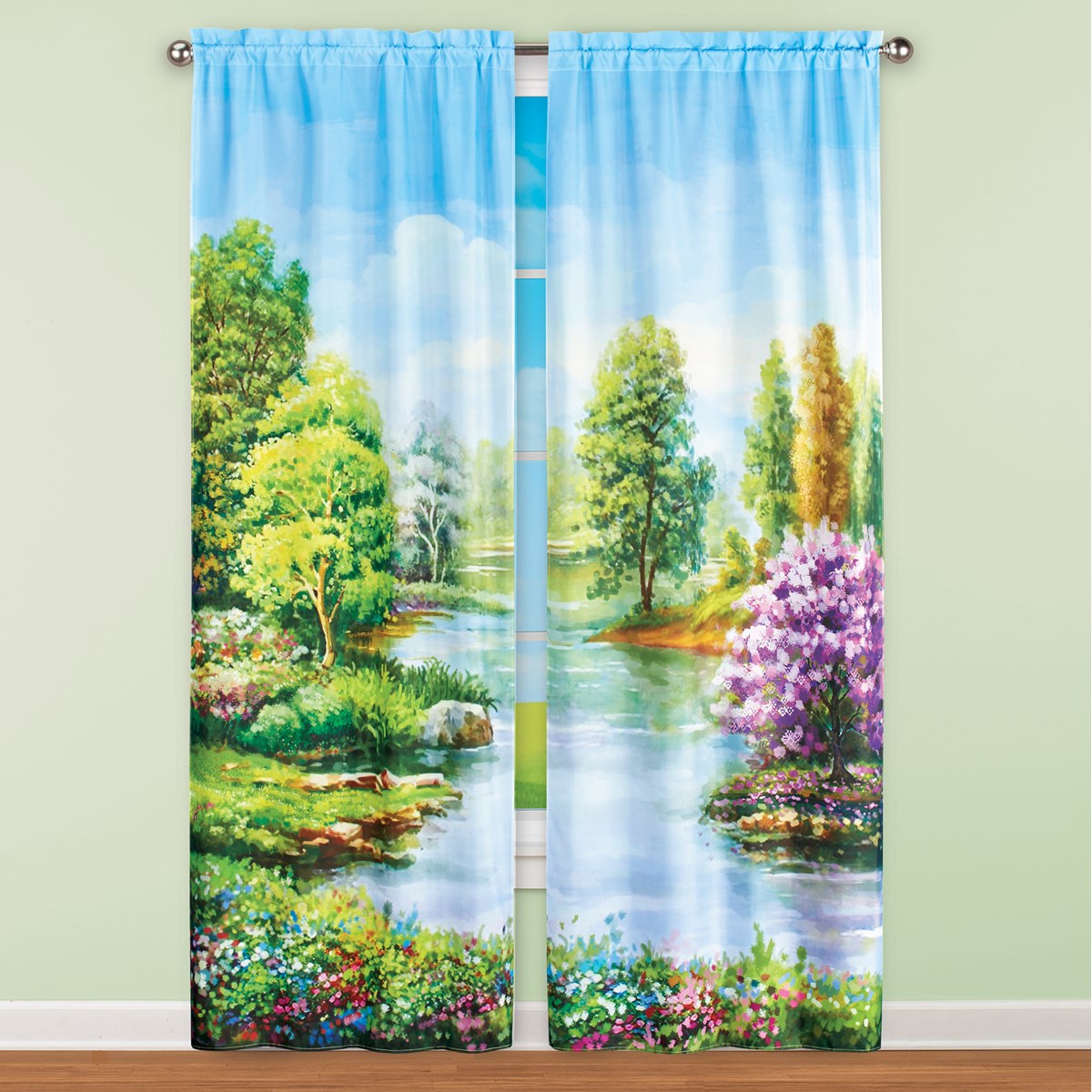 Lakeside Spring Scene Curtain Panel Set | Collections Etc.