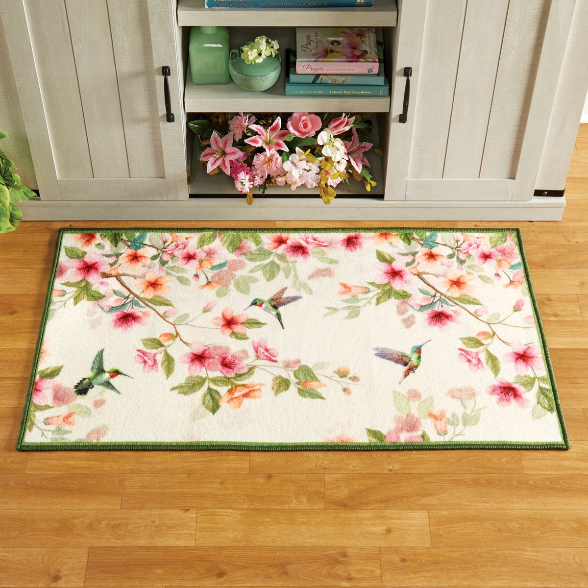 Vibrant Hummingbird Floral Skid-Resistant Accent Rug | Collections Etc.