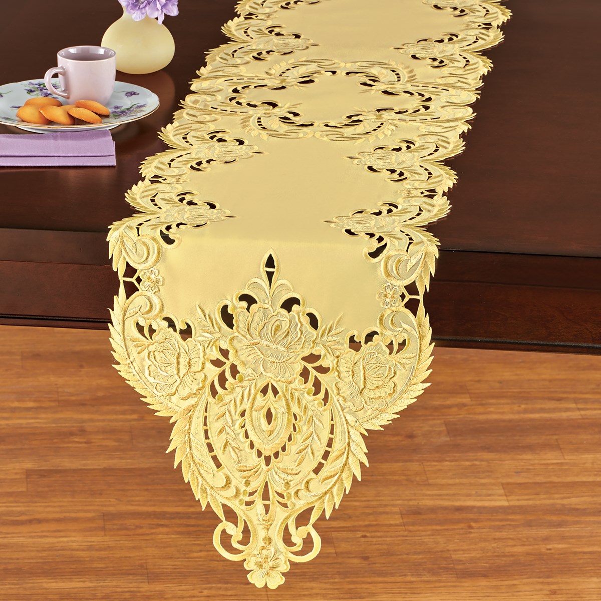 Embroidered Rose Leaf Floral Intricate Table Linens | Collections Etc.