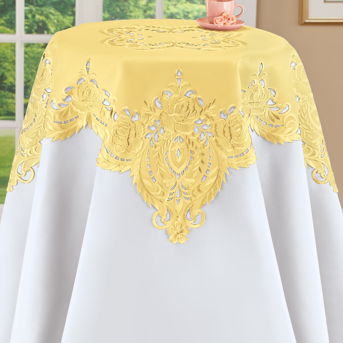 Embroidered Rose Leaf Floral Intricate Table Linens | Collections Etc.