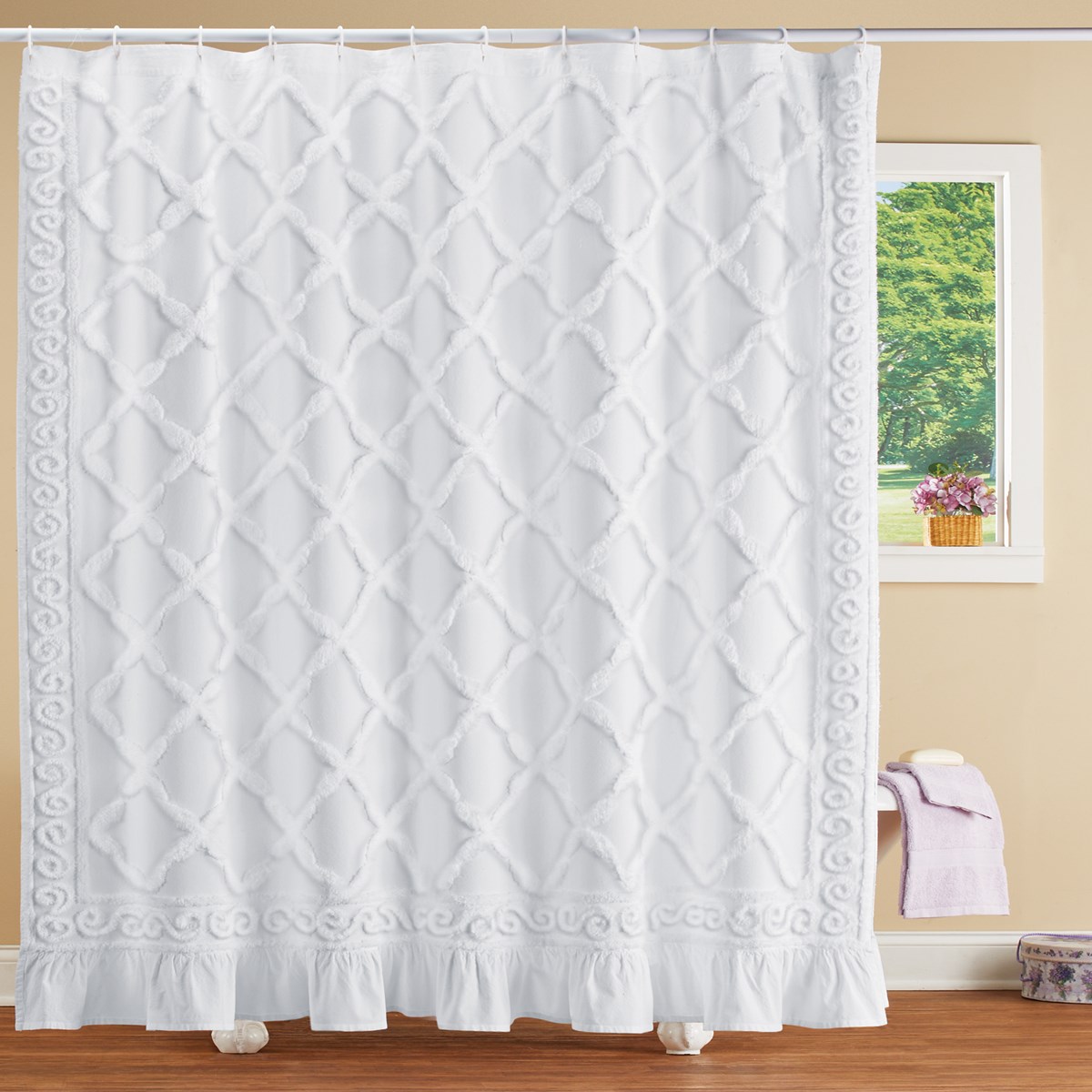 Luxurious Trellis Ruffled Chenille Shower Curtain | Collections Etc.