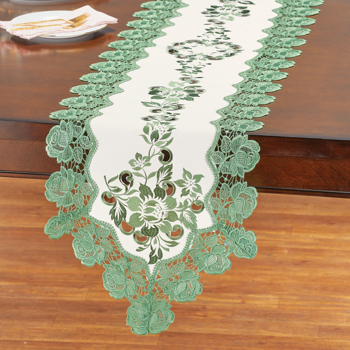 Embroidered Heirloom Roses Lace Border Table Linens | Collections Etc.