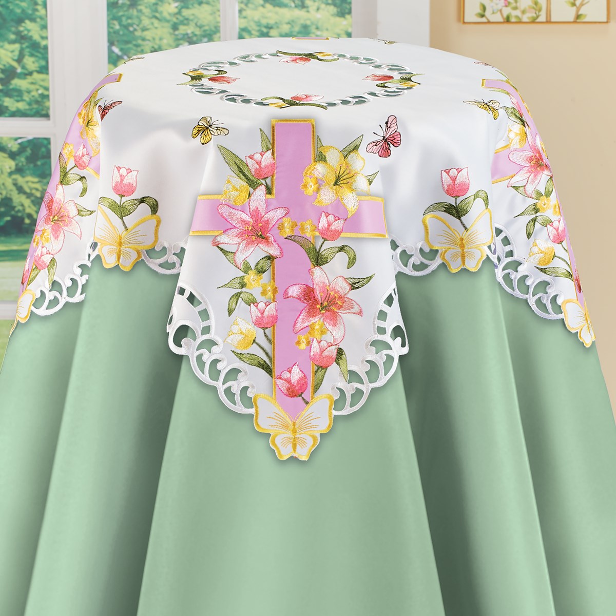 Embroidered Cross Table Linens with Blooming Lilies | Collections Etc.