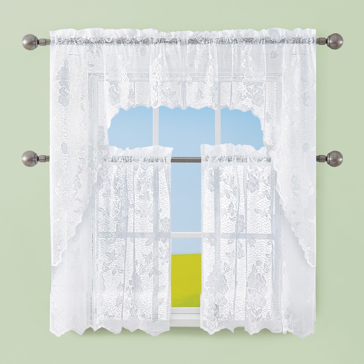 Lacey Floral Lace Design Kitchen Curtains | Collections Etc.