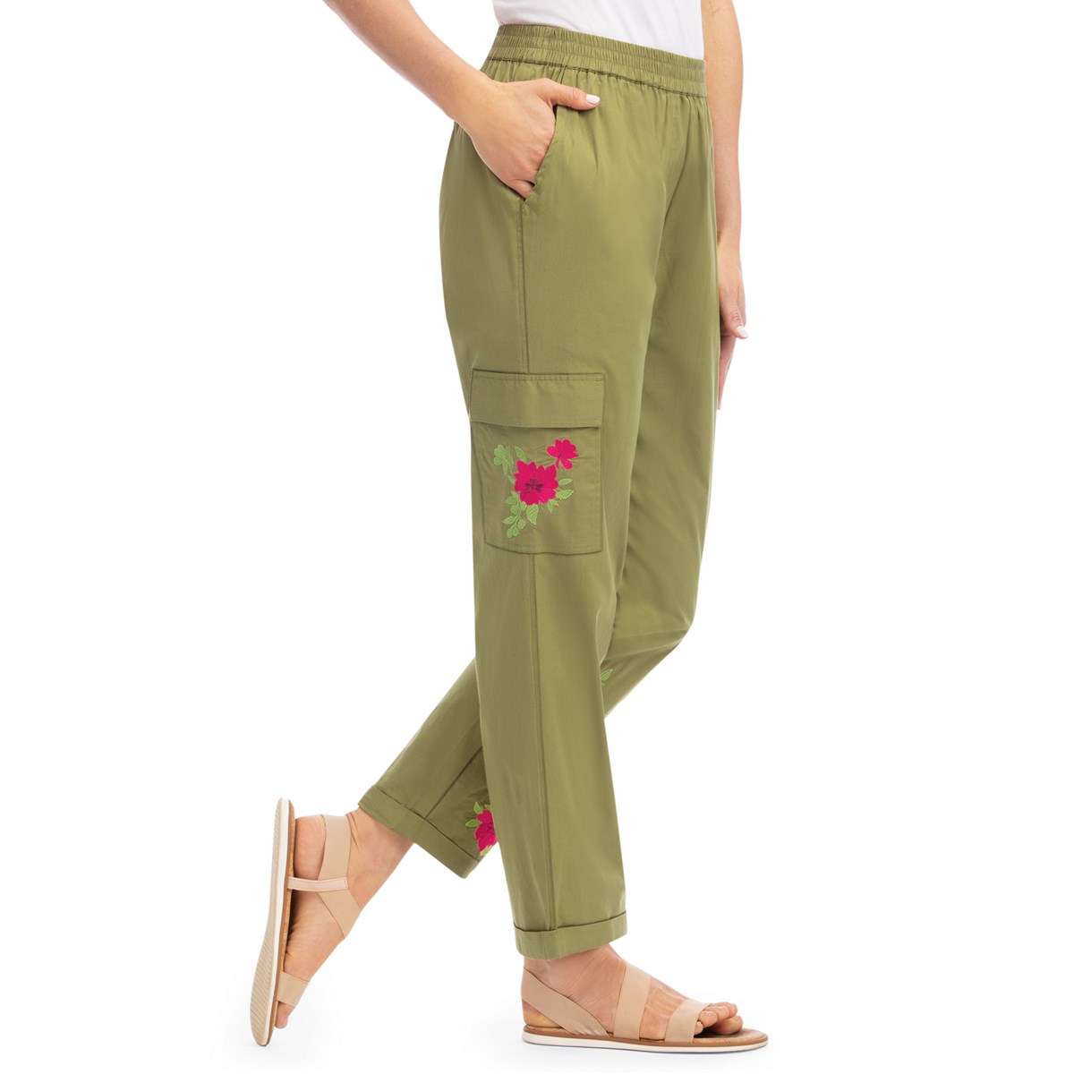 Floral Embroidered Cargo Pocket Elasticized Waist Pants | Collections Etc.
