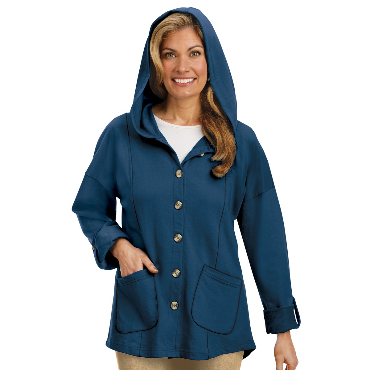 Hooded Roll-Tab Sleeve Button Closure Jacket | Collections Etc.